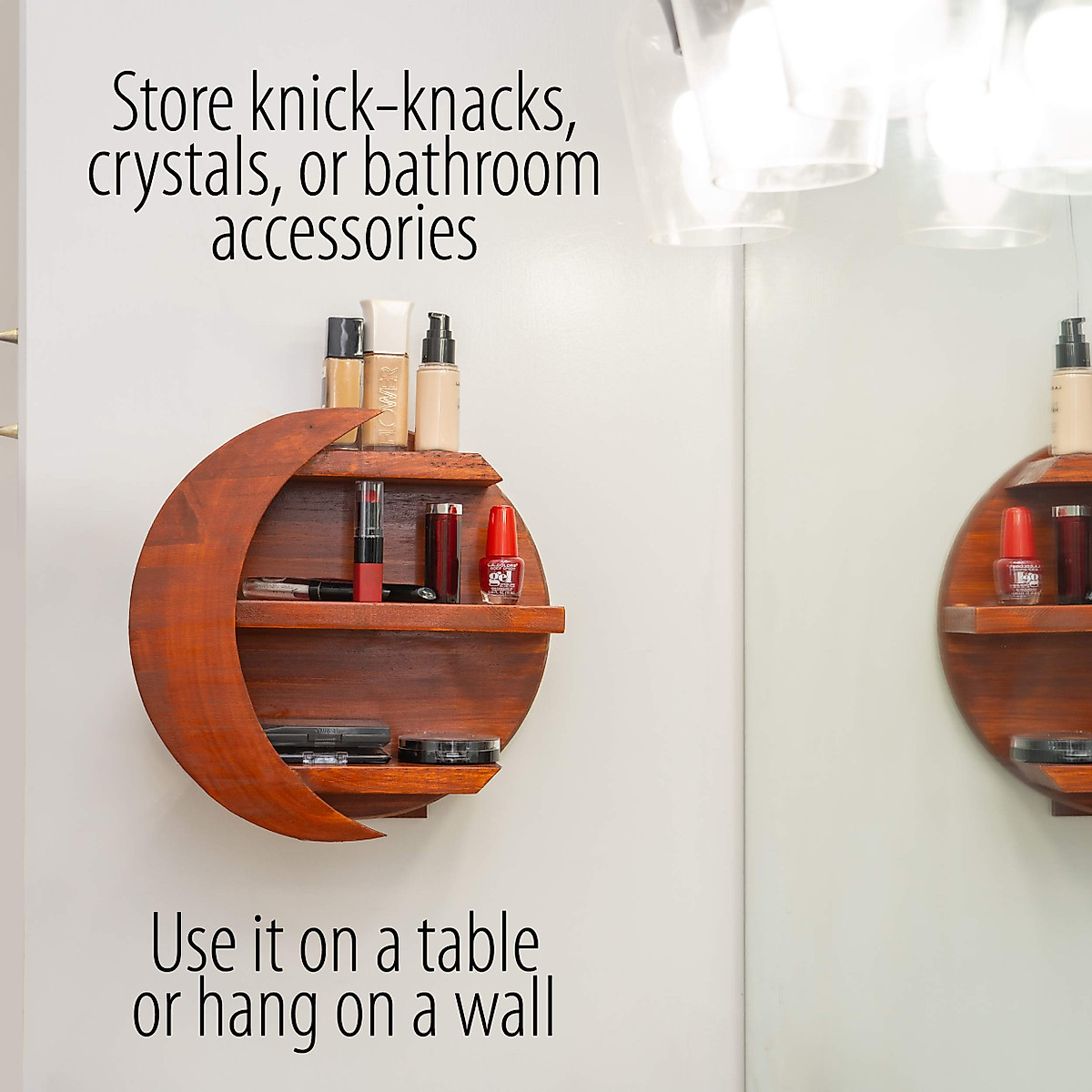 MMOBILITY CHAMAMA Moon Shelf, Boho Decor for Bedroom, Crystal Shelf, Crystal Wall Decor, Moon Shaped Shelf for Crystals, Moon Decor, Wooden Moon Shelf, Bathroom Shelf, Crystal Shelf