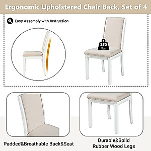 LUMISOL Upholstered Dining Chairs Set of 4, High Back Padded Dining Chairs with Solid Wood Legs, Modern Linen Fabric Kitchen Chairs (White + Beige)