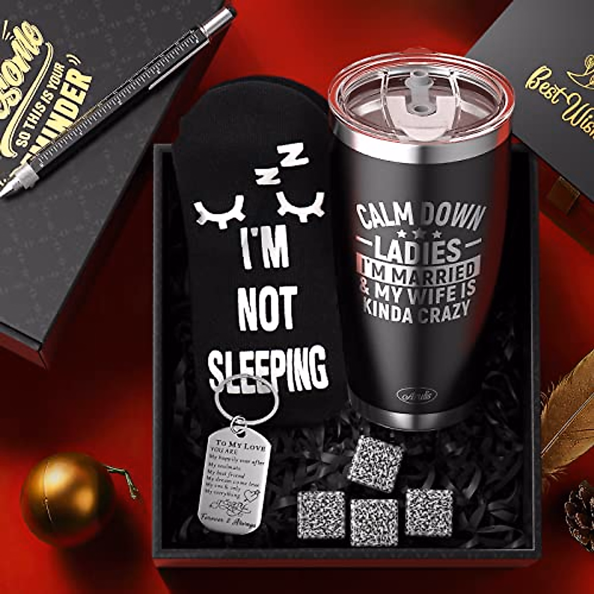 Gifts for Husband, Unique Husband Gifts, Husband Birthday Gifts with Tumbler, Whisky Stones, 6 in 1 Multitool Pen, Funny Socks and Keychain, Best Gift for Husband from Wife