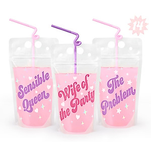 xo, Fetti Bachelorette Party Drink Pouches - 14 pcs | Bach Party Cups, Bridesmaid Names Decorations, Maid of Dishonor Favors, Wife of the Party
