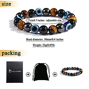mens beaded bracelets（evil eye, tigers eye,hematite, obsidian）A handmade beaded crystal healing bracelet that can bring luck, happiness and protection(10mm elastic)