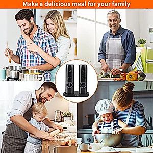 Rechargeable Automatic Salt and Pepper Grinder Set: Rechargeable Base Adjustable Coarseness Refillable Large Capacity One Hand Operated White LED Light Black Electric Spice Peppercorn Mill Shakers