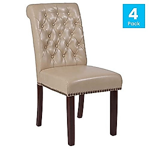 Flash Furniture Set of 4 Hercules Series Beige LeatherSoft Parsons Chairs with Rolled Back, Accent Nail Trim and Walnut Finish