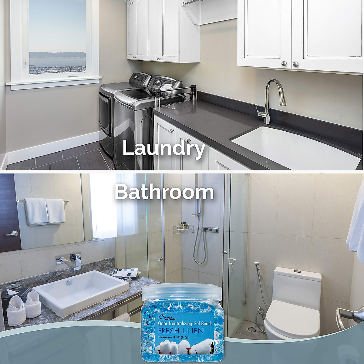 Clear Air Odor Eliminator Gel Beads - Air Freshener - Eliminates Odors in Bathrooms, Cars, Boats, RVs & Pet Areas - Made with Essential Oils - Fresh Linen Scent - 12 Ounce - 2 Pack