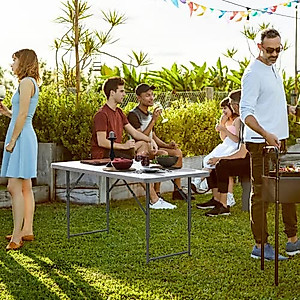 SKOK Folding Table 4 Foot Adjustable Height, Plastic Foldable Table Portable with Carry Handle, Utility Commercial Craft Card Table with Heavy Duty Frame for Picnic, Dining and Events, White