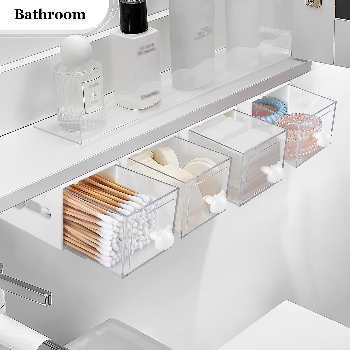 WCHOSOZH 4PCS Wall Mounted Qtip Holder Containers, Bathroom Organizers and Storage for Cotton Ball, Mini Wall Storage Double-Sided Drawer, for Swabs, Lipsticks Floss, No Drilling