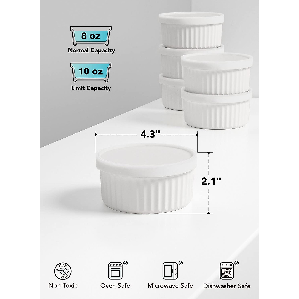 LE TAUCI 8 oz Ramekins with Silicone Storage Lids, Creme Brulee Dishes, Custard Cups for Baking, Oven Safe, Set of 6, White