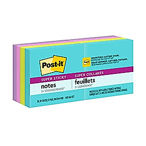 Post-it Super Sticky Notes,2x2 in, 8 Pads, 2x the Sticking Power, Supernova Neons Collection, Recyclable (622-8SSMIA) , 1 7/8" x 1 7/8" , Assorted