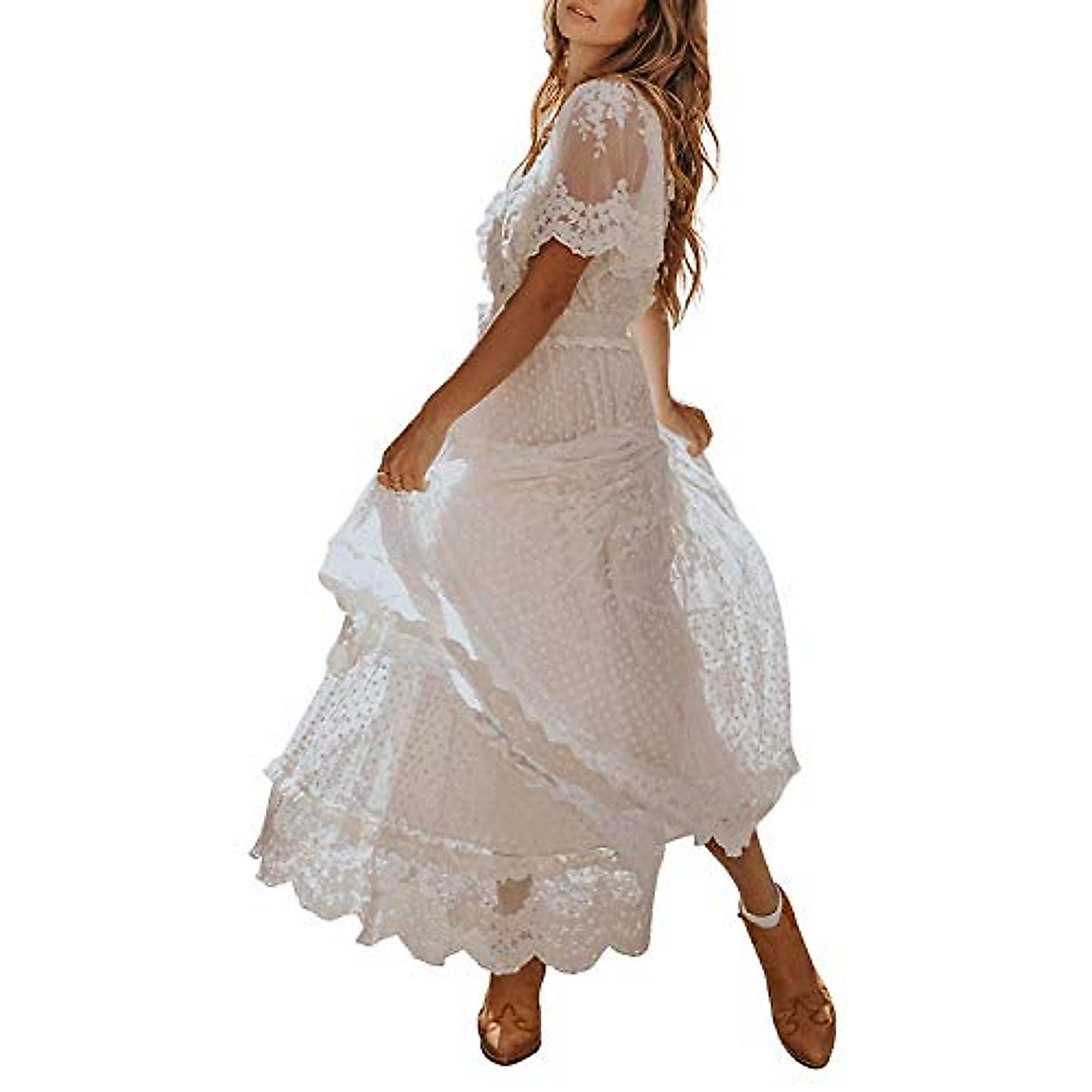 Bdcoco Women's V Neck Button Down Floral Lace Maxi Dress Casual Short Sleeve Boho Flowy Dresses White