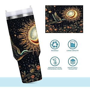 Slewiaeky Tumbler with Handle 40 oz Multicolor Sun Golden Bird Travel Mug with Lid and Straw Stainless Steel Vacuum Insulated Water Bottle Cup for Iced Tea Coffee Cold Beverages Cup Holder Friendly