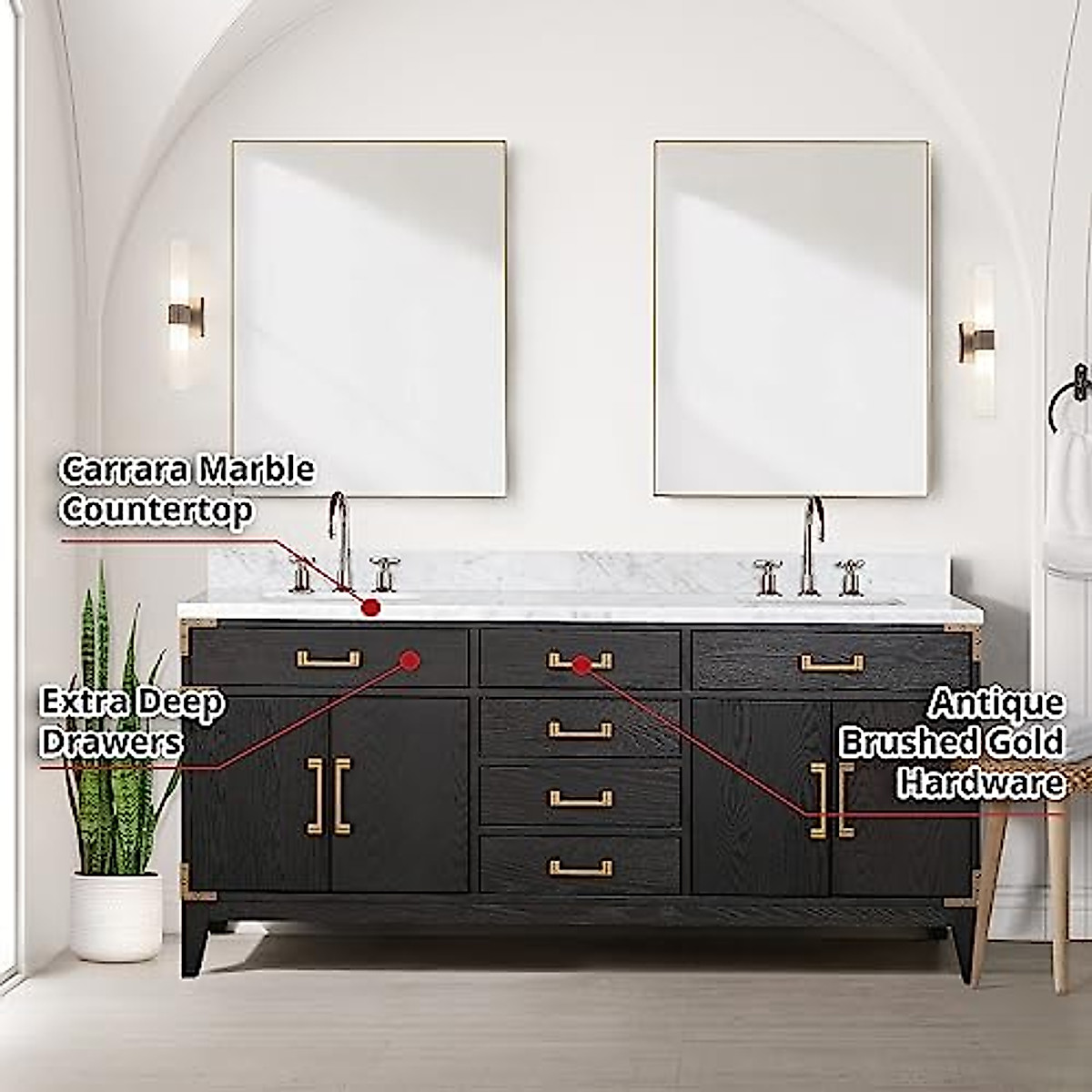 Bell+Modern Harbor 72 in W x 22 in D Black Oak Double Bath Vanity and Carrara Marble Top
