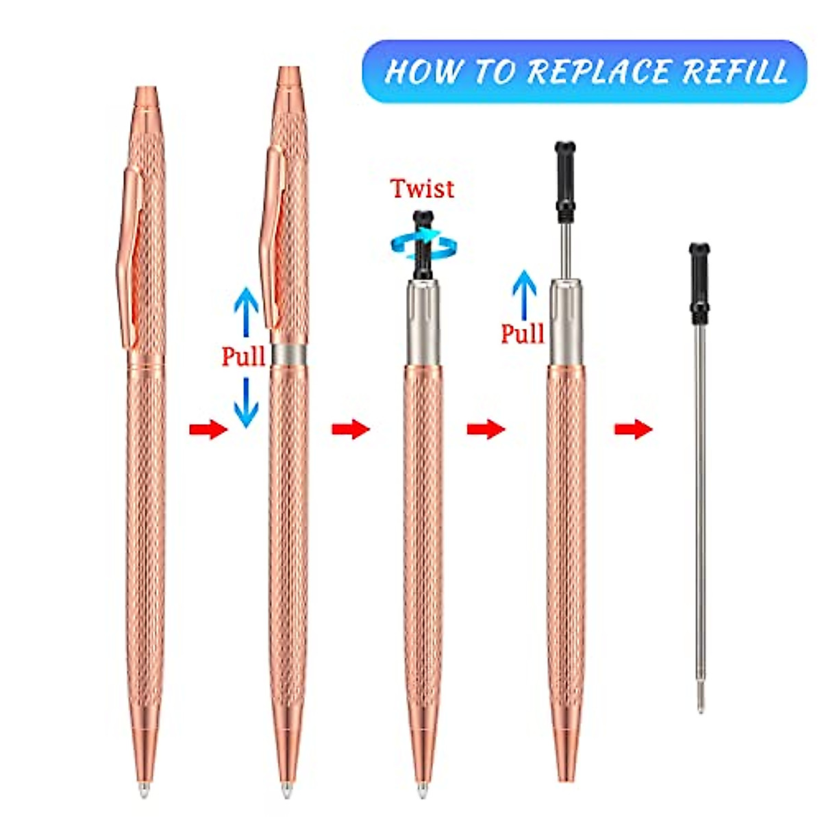 Wikult 6 Pack Rose Gold Slim Metal Ballpoint Pen, 1mm Medium Point Black Ink Smooth Writing, for Business Office Teacher Student Wedding Guest