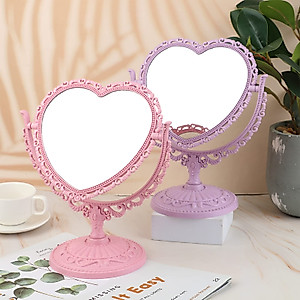 TBoxBo 2 Pack Heart Mirror Lovely Heart-Shaped Cosmetic Mirror Plastic Double-Sided Heart Mirror Rotatable Dresser Mirror Bathroom Bedroom Dressing Beauty Mirror for Girls Bedroom(Pink & Purple)