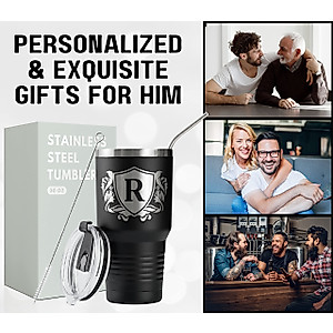Onebttl Personalized Gifts for Men with Initial J, Monogrammed Travel Tumbler for Him, Custom Coffee Cups, Unique Birthday Christmas Gifts for Men who Have Everything, Black, 30oz