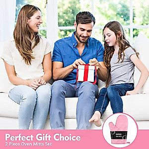 Heat Resistant Thick Cotton Oven Mitts Set, Soft Quilted Lining, Strong Grip Potholders for Hot Pans and Oven, Kitchen Mitt Pair Protect Hands, Cooking Baking BBQ Gloves, 11 Inch, Pink