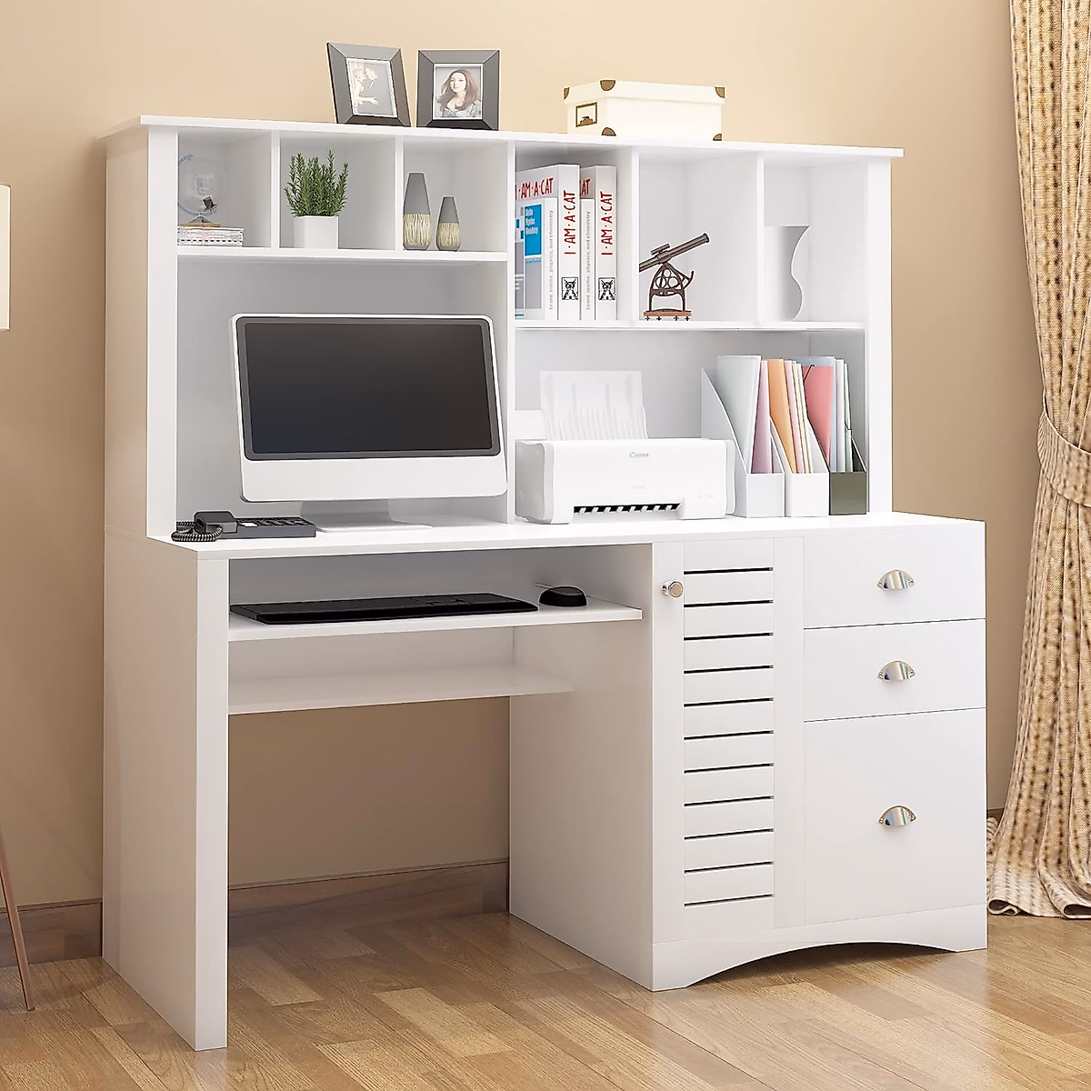 JOYSOURCE 59" Computer Desk with Hutch, 2-Tier Shelves, Keyboard Tray, 3 Drawers, White - Large Home Office Desk for Gaming, Writing, Study Workstation