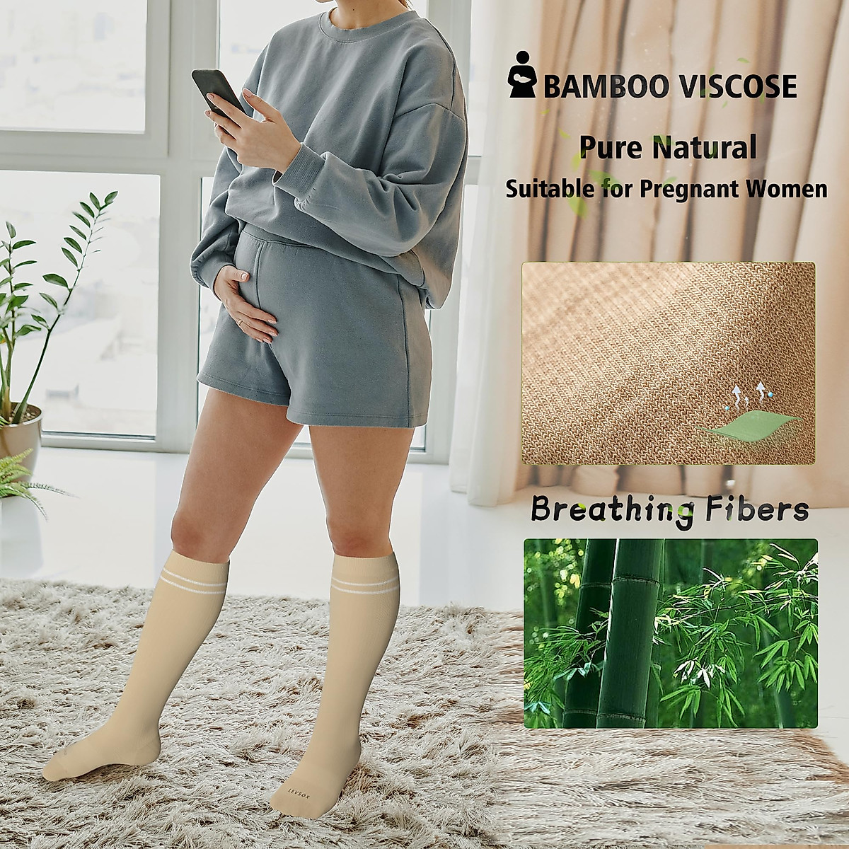 LEVSOX Compression Socks for Pregnant Women 20-30 mmHg Knee High Viscose for Bamboo Cute Funny Mens Supports Socks for Nurses, Medical, Travel and Flight, Wheat