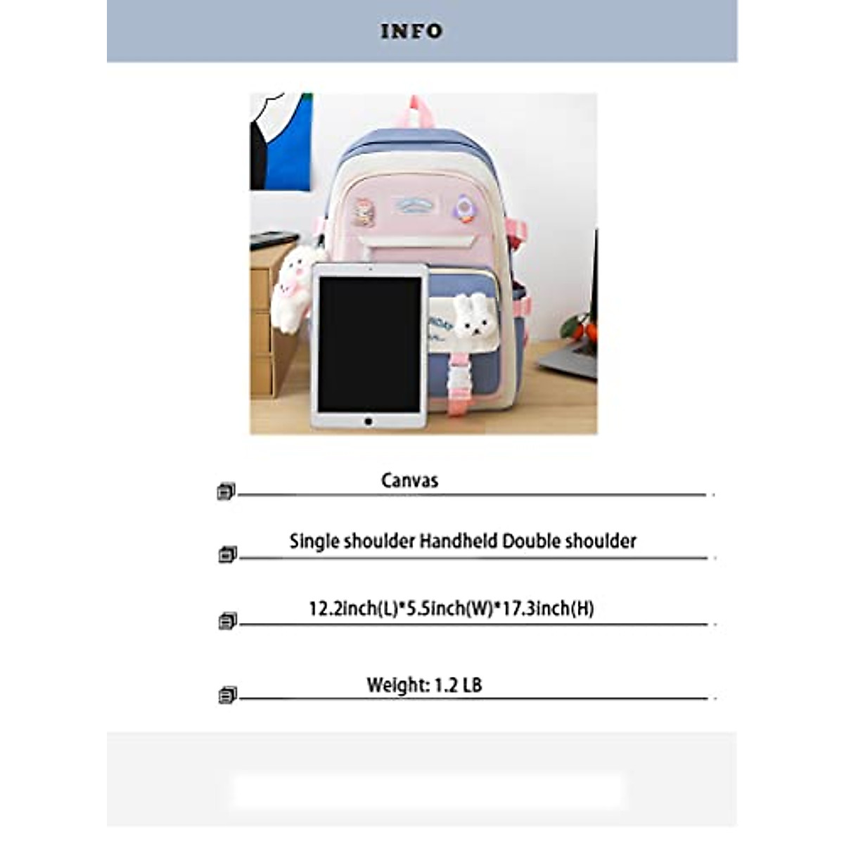 MWZING 5 Piece Backpack Set kawaii Backpack with Cute Bear Doll and Pins Canvas Backpack Large Capacity Aesthetic Shoulder bag