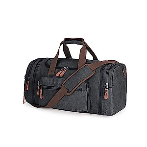 Canvas Duffle Bag Mens with Shoes Compartment，（50L/55L）Travel Bag for Men Adjustable Capacity Weekend Overnight Bag Carry on Bag Hospital Holdalls (Black)