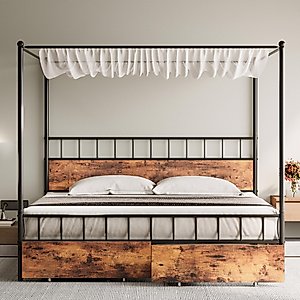 LIKIMIO Canopy Bed Frame King with Wooden Headboard and Drawer, King Size Bed Frame with 4 Removable Sturdy Posts, Noise Free, No Box Spring Needed, Vintage Brown