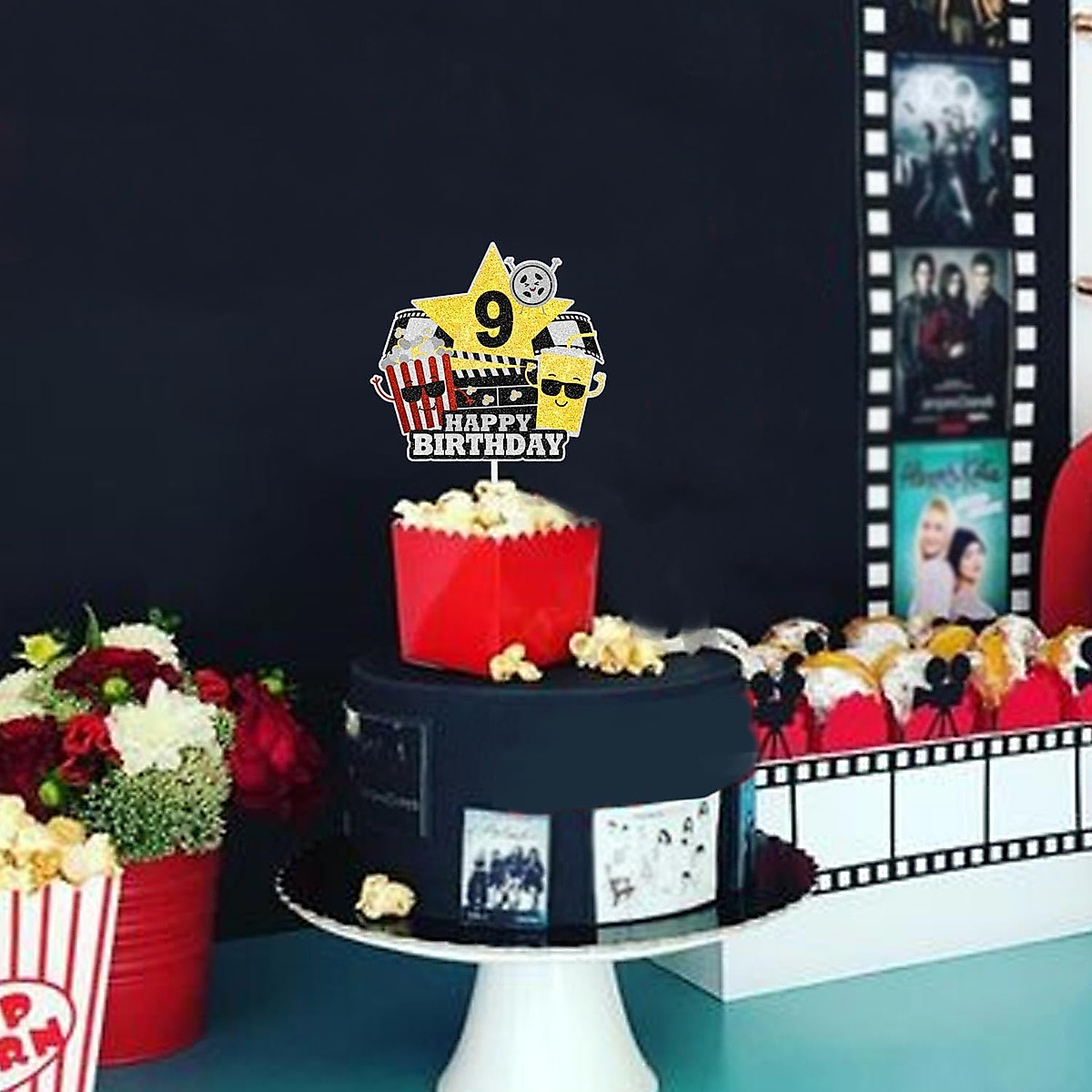 Movie Themed Happy 9th Birthday Cake Topper for Kids - Perfect for a boy or girl's movie-themed birthday party, movie night party, or Hollywood party popcorn movie projector decorations -SugarGera