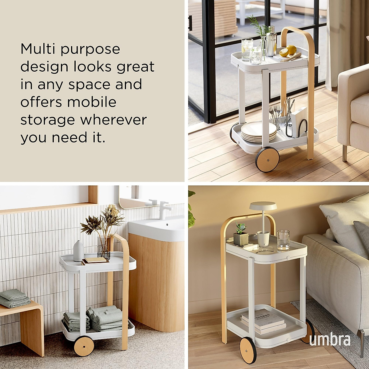 Umbra Bellwood Bar Cart, Serving Trolley, Side Table, Natural/White
