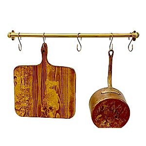 HRLBrass Burnished Unlacquered Brass Pot Rail with 5 "S Hooks (24 Inch)