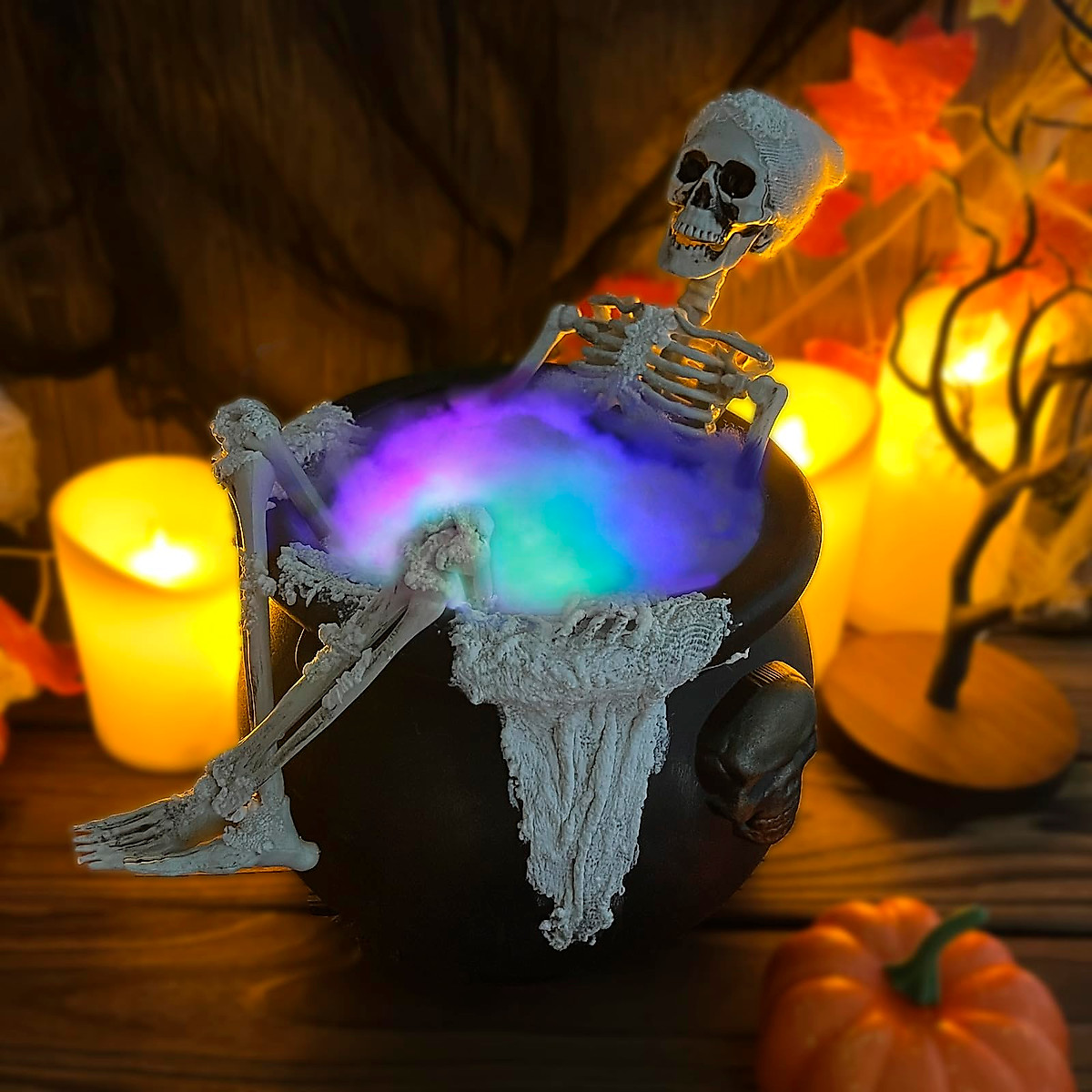 8" Cauldron Halloween Decorations Indoor, Skeleton Bathing Black Plastic Cauldron with LED Lights, Perfect Witch Cauldron Decor for Indoor Halloween Decorations Party & Haunted House Props