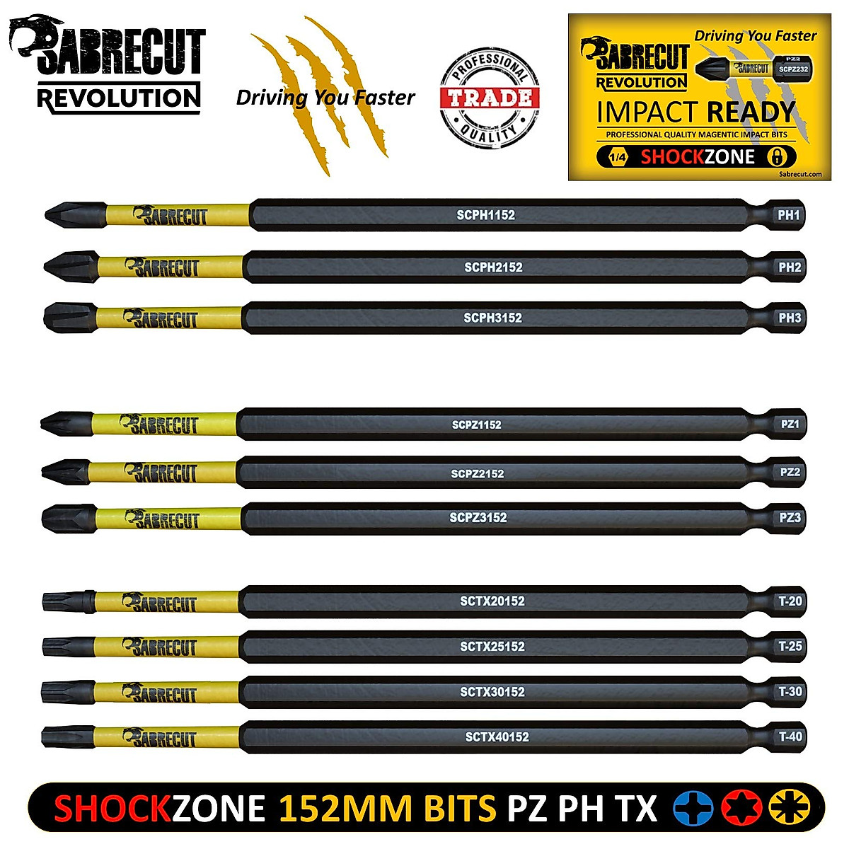 10 x SabreCut SCRK152 5 63/64" PZ1 PZ2 PZ3 PH1 PH2 PH3 TX20 TX25 TX30 TX40 Magnetic Impact Screwdriver Driver Bits Set Pozi Pozidriv Phillips Torx Compatible with Dewalt Milwaukee Bosch Makita etc