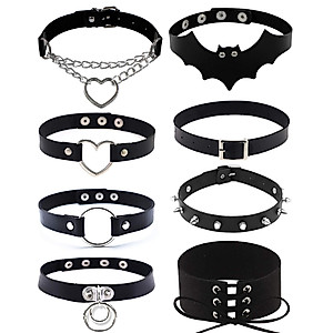 SOOWOOT 8 Pieces PU Leather Choker Necklace Goth Spiked Rivets Punk Collar Necklace Adjustable PU Leather Studded Love Heart Collar Choker Collar Set for Wome