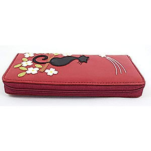Lavishy Black Cat and Flower applique Zip Around Wallet with a Strap (Red)