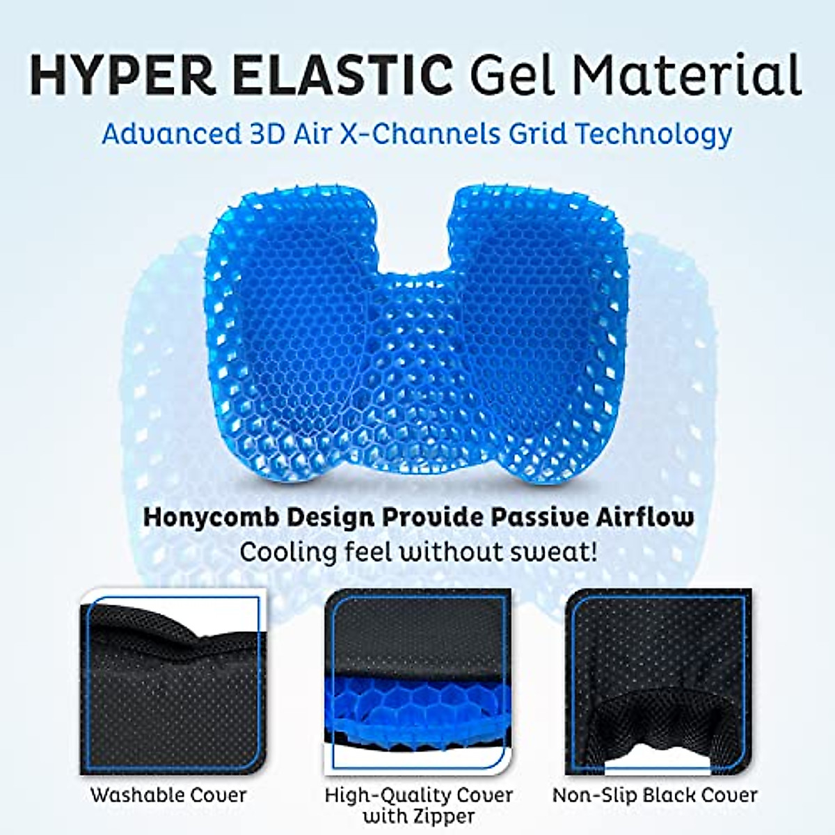 Gel Seat Cushion for Long Sitting - Portable Gel Cushion with Ergonomic Honeycomb Design - U Shape Size 17.75" x 13.75" x 1.75" Gel Seat Cushions for Pressure Relief With Removable Cover Washable