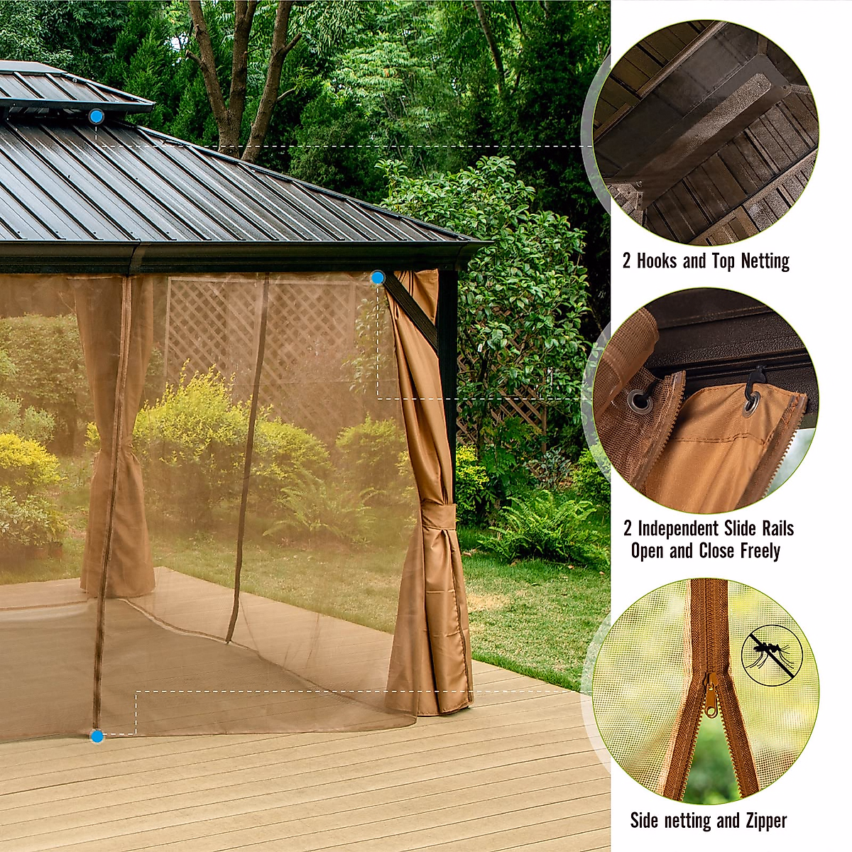 MFSTUDIO 10' x 12' Hardtop Gazebo with Curtains and Netting,Outdoor Polycarbonate Double Roof Canopy, Aluminum Frame Permanent Pavilion for Patios,Gardens,Lawns (Brown)