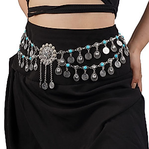 Missgrace Bohemian Vintage Blue Turquoise Tassel Crystal Chain Belly Silver Rhinestone Body Chains Handmade Indian Body Accessories Jewelry for Women