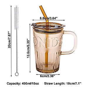 OURASHERO Glass Tumbler Cup with Straw Lid&Handle, 15oz Leak-Proof Clear Reusable Glass Cups Smoothie Mugs for Cold & Hot Drink Beverage Soda Water