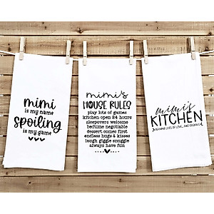 Mimi Set of 3 Kitchen Towels 100% Cotton Flour Sack Black White Funny Cute Dish Tea Hand Towel Dog Themed Home Kitchen Decor Gift for Grandma