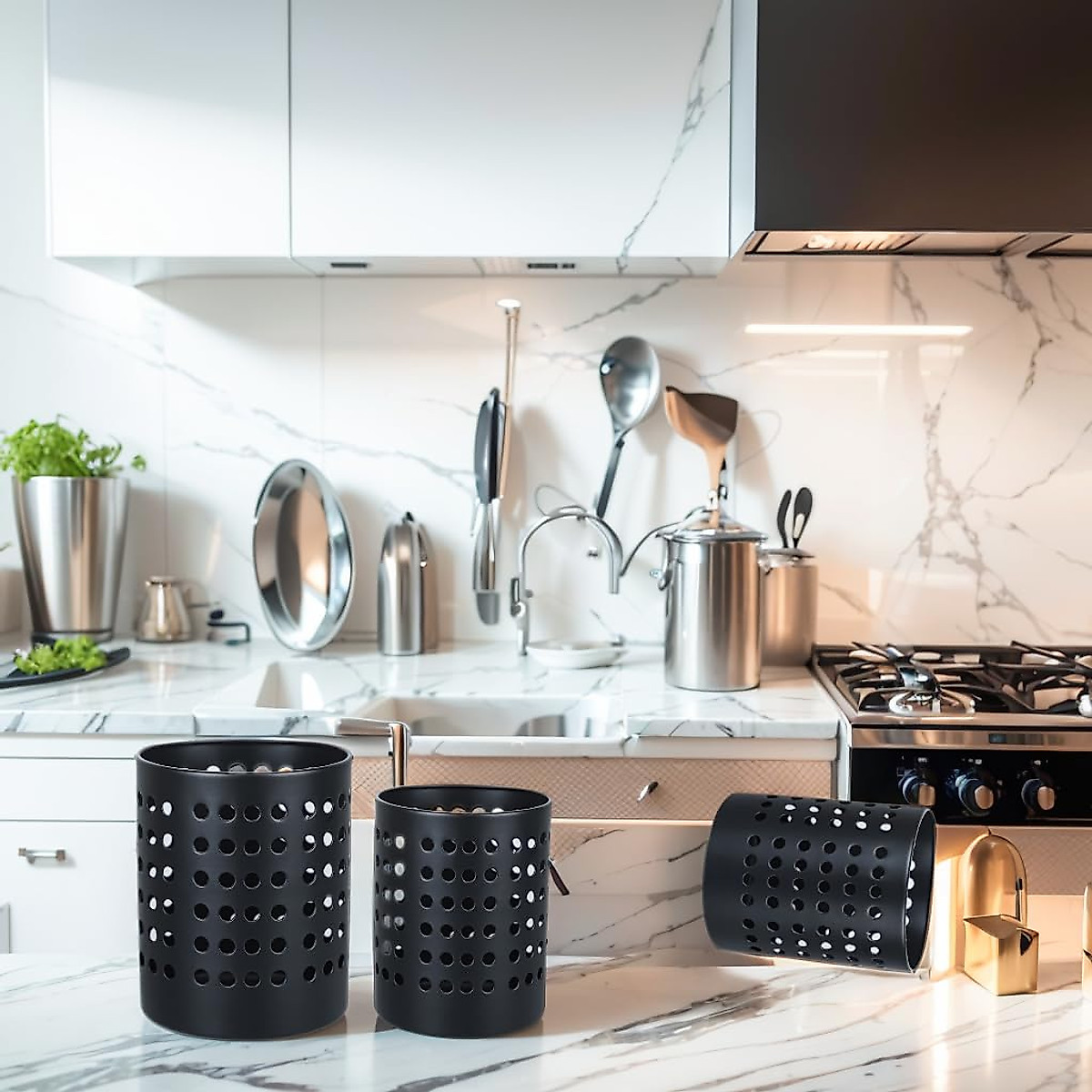 KSENDALO Black Utensil Holders set of 3 Metal Silverware Drainer Basket Cutlery Strainer Silverware Dryer Utility Sink Drying Caddy Organizer for Home Office