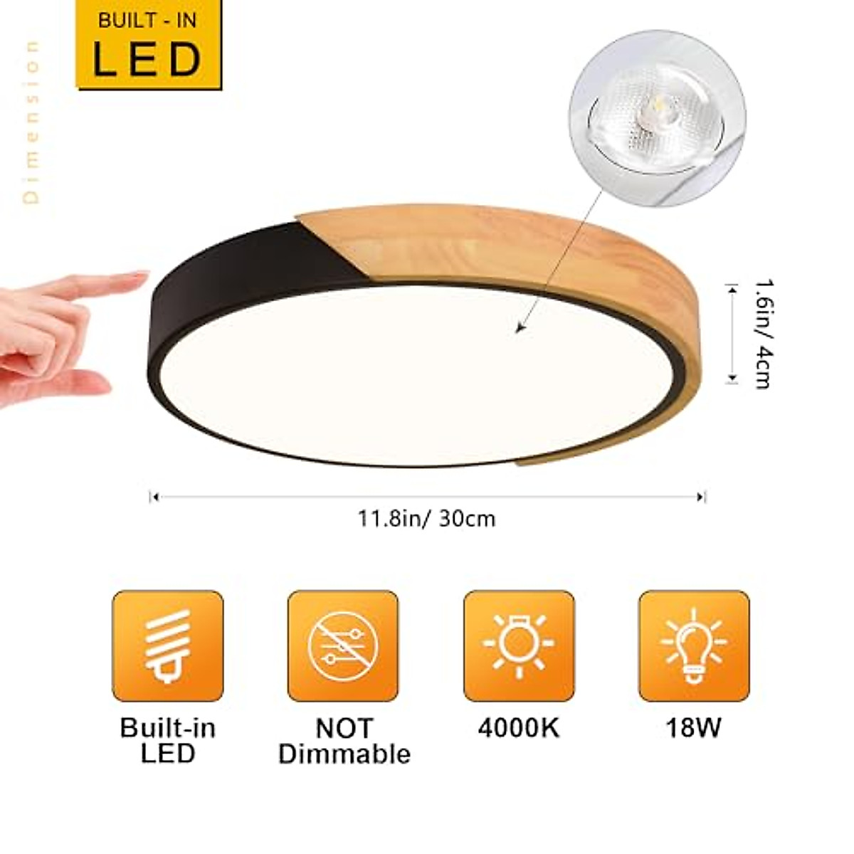 Goomavi Modern LED Ceiling Light, Black Round Wood Flush Mount Ceiling Light Fixture,Minimalist Lighting Ceiling Lamp for Hallway Entryway Bedroom Closet Laundry Room-Not Dimmable 4000K 11.8 Inch