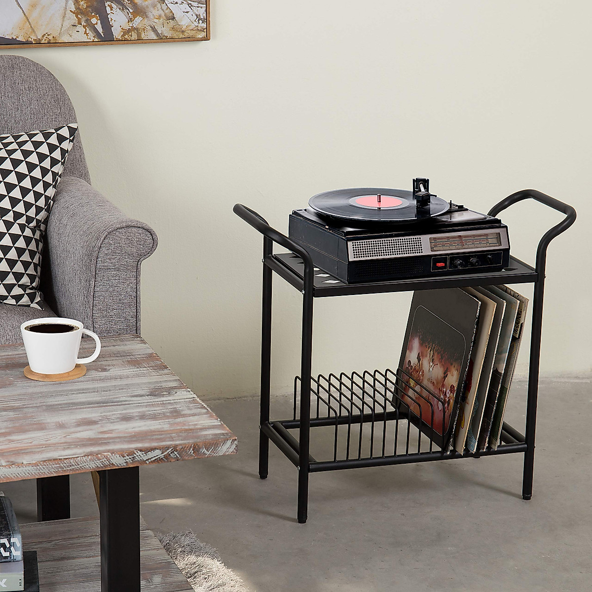 MyGift Modern Matte Black Metal Record Player Holder Stand with Vinyl Storage Organizer, Premium Quality 2 Tier Turntable Display Table Rack