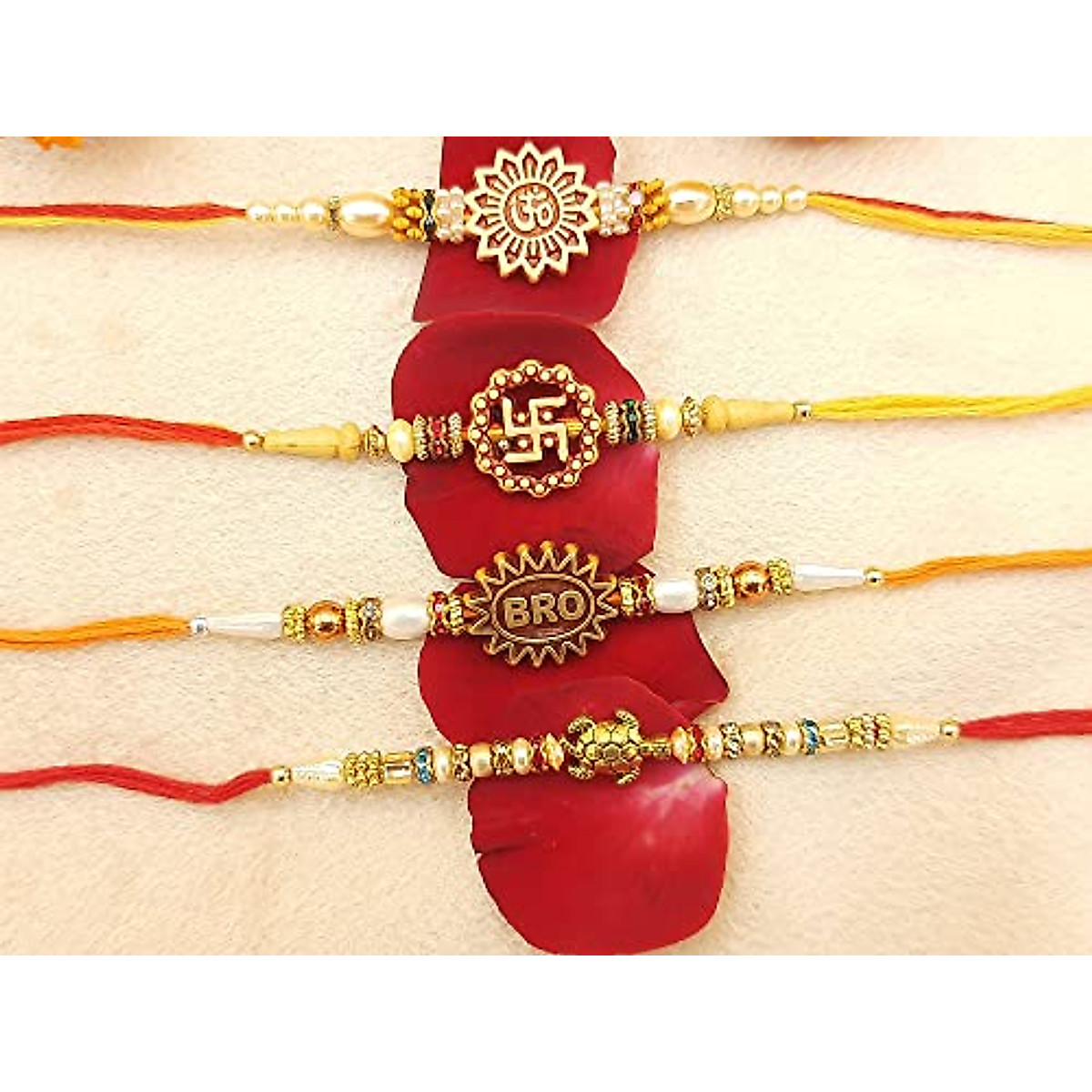 Rakhi for Brother Sister celebration. Designer Multicolor Stones Rakhi Gift, Wrist bands for loving, Brother, Sister, Father & family. (Rakhi Des.4- Om, Bro &Good Luck Tortoise Set of 4, Small)