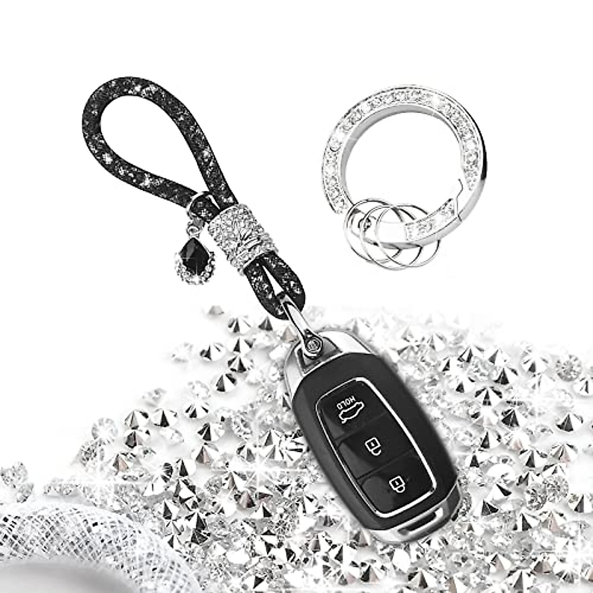 Jawmoy Pack-1 Bling Car Keychain, Rhinestones Keychain Accessories, Metal Crystal Key Chain Ring (Black)