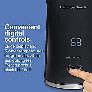 Hamilton Beach 41033 Digital Electric Tea Kettle, Hot Water Boiler & Heater 1.7 L, 5 Preset Modes + Keep Warm, Fast Boil 1500W, BPA Free, Cool-Touch Stainless Steel Exterior, Black