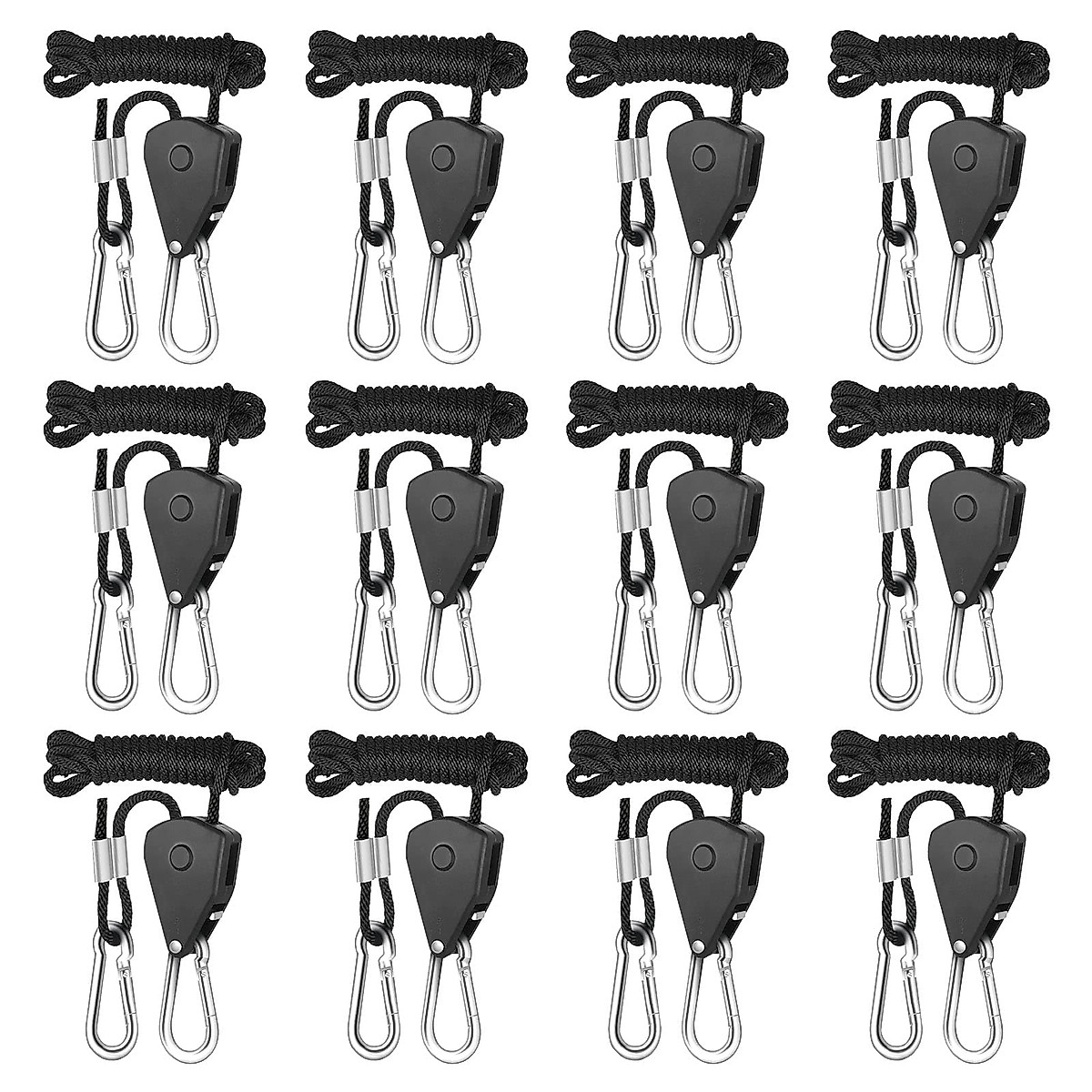 iPower 6 Pairs 1/8 Inch Adjustable Heavy Duty Rope Hanger Ratchet Grow Light Fixtures, Reinforced Metal Internal Gears, 150lbs Weight Capacity, 8-Feet Long Black