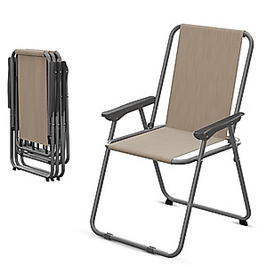 Amopatio Patio Folding Chairs Set of 4, Outdoor Chair Foldable Dining Chairs with Armrests for Outside Lawn Garden Porch and Pool, Brown