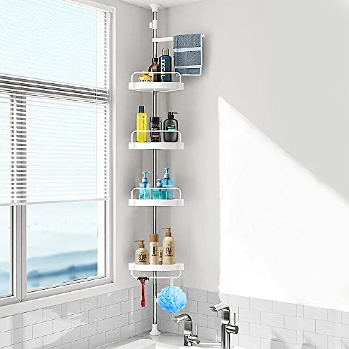 YorkHoMo Shower Caddy, Shower Caddy Tension Pole 4 Layer Adjustable Rustproof Stainless Steel Bathroom Shower Organizer Bathtub Storage Holder Rack Height 3.3 to10.1ft