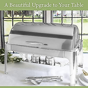 8 Qt Full Size Roll Top Chafing Dish Bundle Stainless Steel - 1 Full Size and Food Pans, 1 Water Pan, 1 Sectional Food Pan, 1 Tung and 1 Serving Spoon - Fuel Holders and Lid + Free Apron,