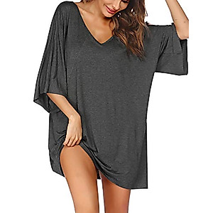 Ekouaer Deep V Neck Sleepshirt Sexy Cotton Nightshirt For Women, Gray, Large