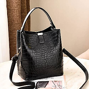 LABANCA Women Retro Alligator Bucket Bags Crocodile Pattern Designer Shoulder Bag Ladies PU Purse Crossbody Wallet Bag, Black