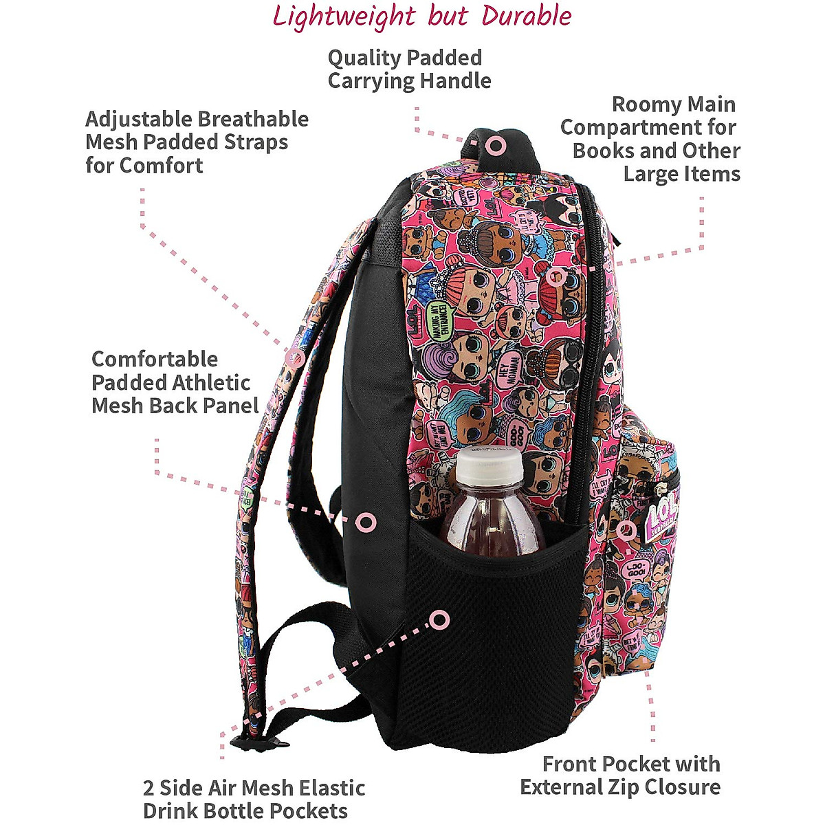 L.O.L. Surprise! Dolls Girls 16" School Backpack (One Size, Black/Pink)