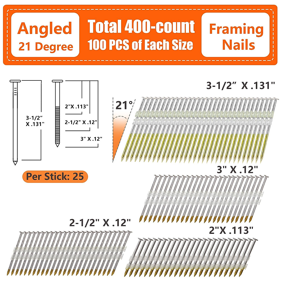 SITLDY 21 Degree Framing Nails 4 SIZES (2"+2-1/2"+3.0") Ring Shank+3-1/2" Smooth Shank), Full Round Head Hot Dipped Galvanized, 100 per Size, 400 Count, Assorted Size, 20 to 22 Degree Framing Nailer